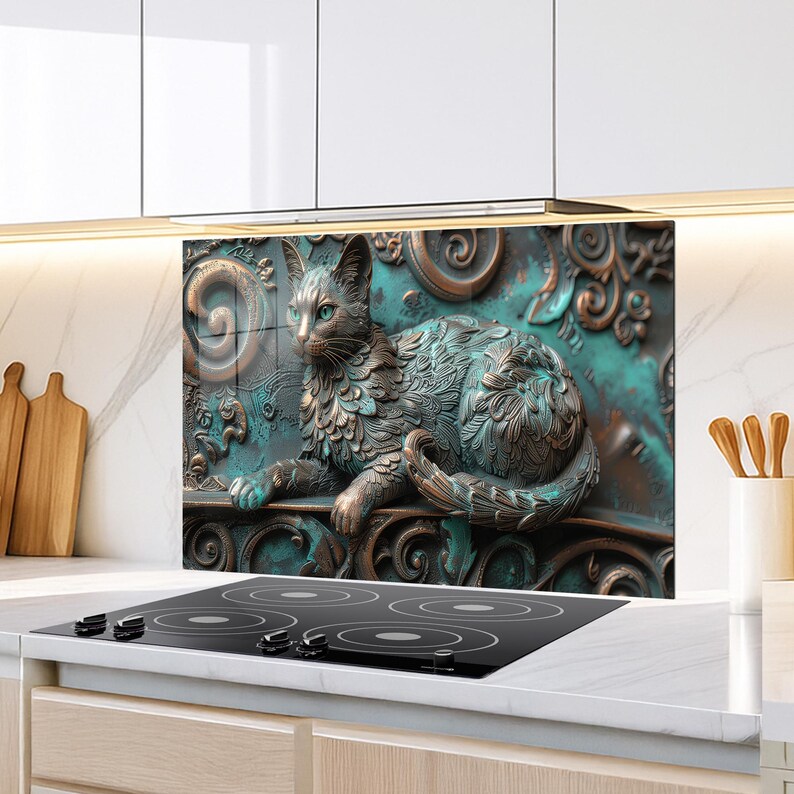 Cat Sculpture Tempered Glass Kitchen Backsplash: Modern Stove ...