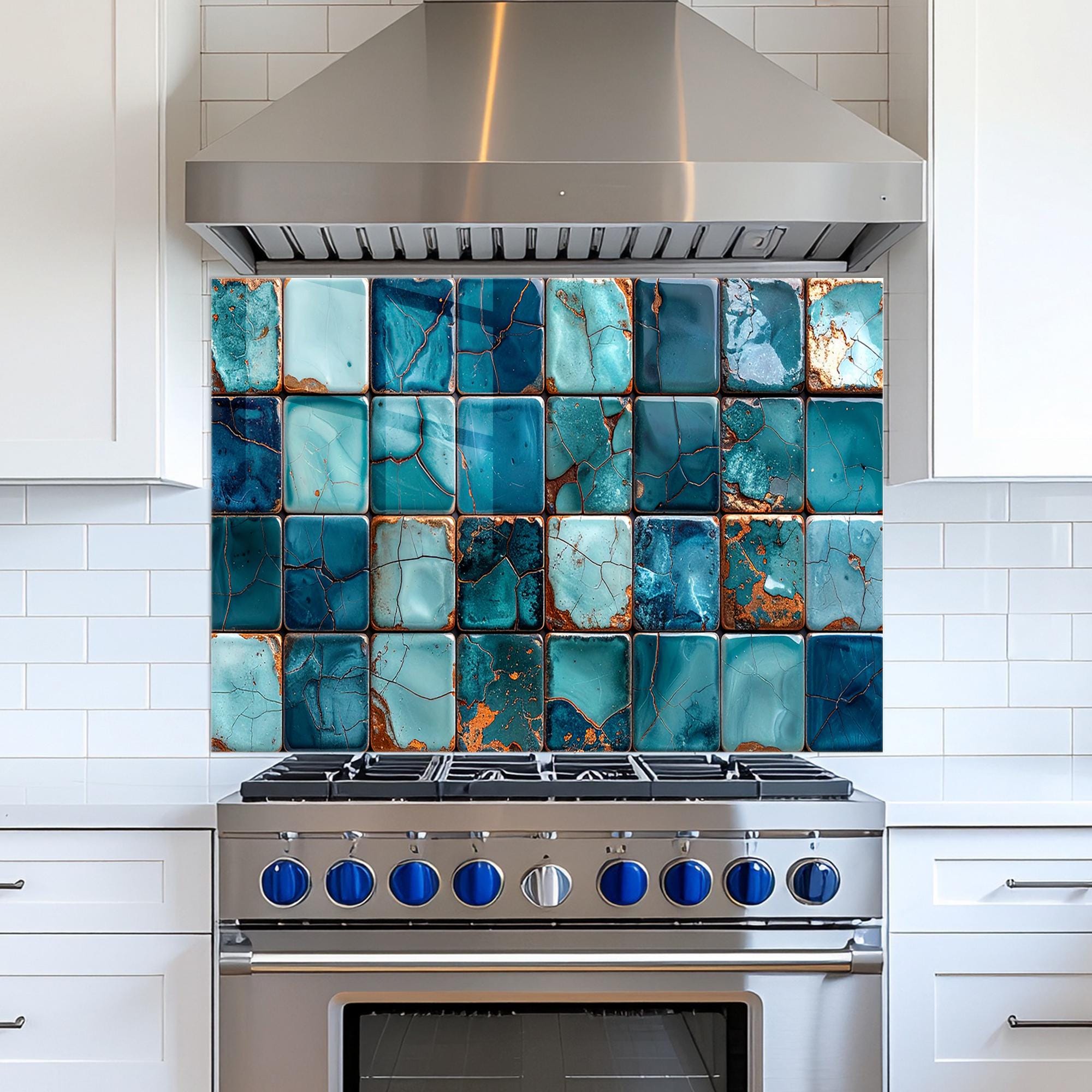 Blue Stone Tiles Effect Tempered Glass Kitchen Backsplash: Decorative ...