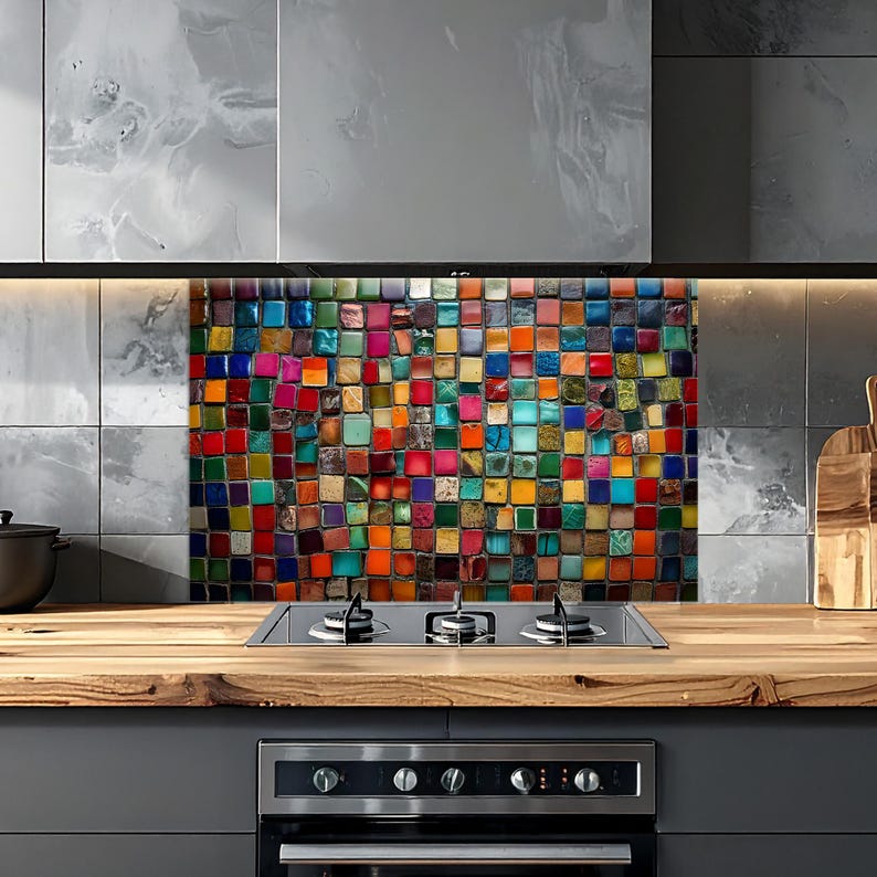 Rainbow Stones Tempered Glass Kitchen Backsplash: Mosaic Effect ...
