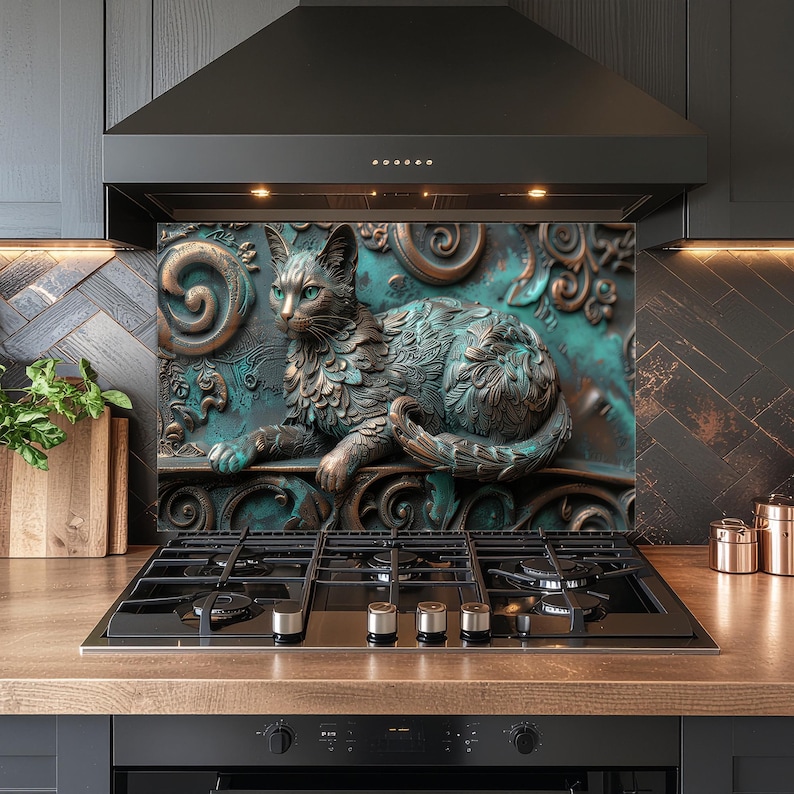 Cat Sculpture Tempered Glass Kitchen Backsplash: Modern Stove ...
