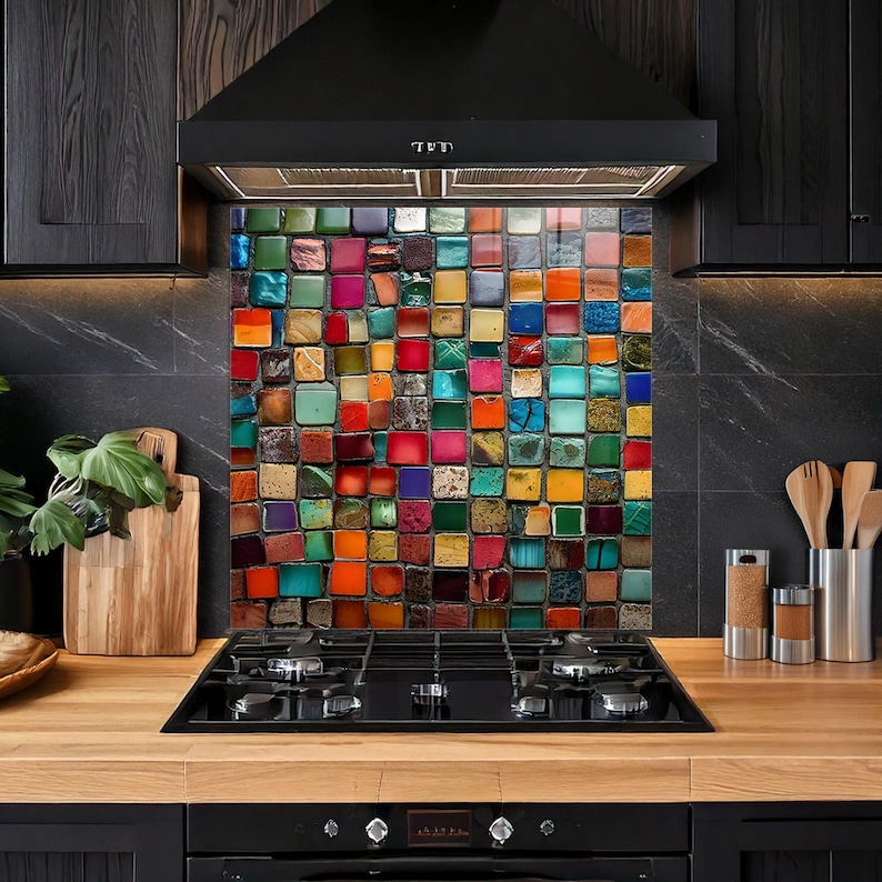 Rainbow Stones Tempered Glass Kitchen Backsplash: Mosaic Effect ...