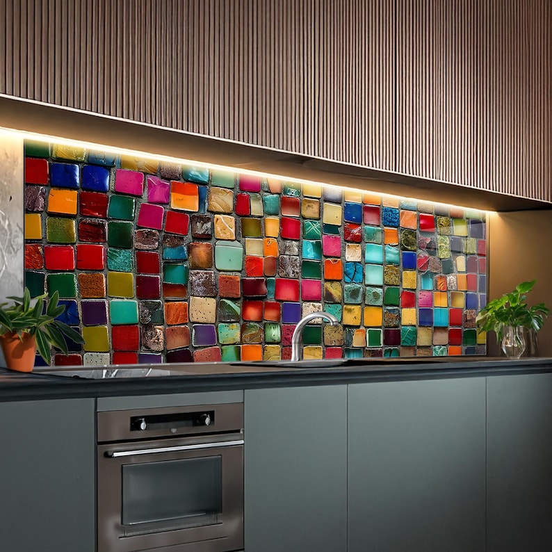 Rainbow Stones Tempered Glass Kitchen Backsplash: Mosaic Effect ...