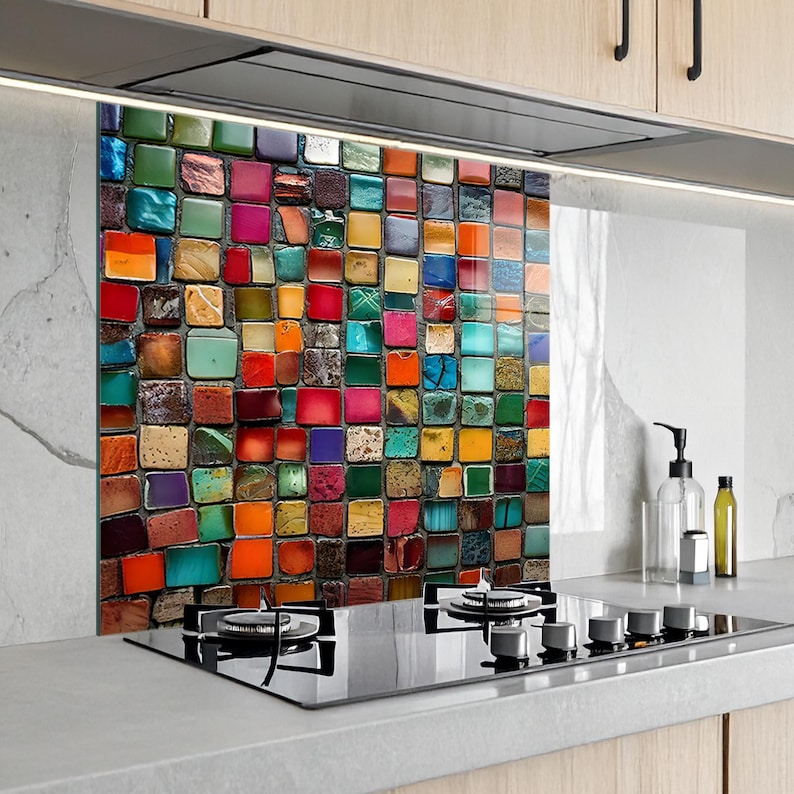 Rainbow Stones Tempered Glass Kitchen Backsplash: Mosaic Effect ...