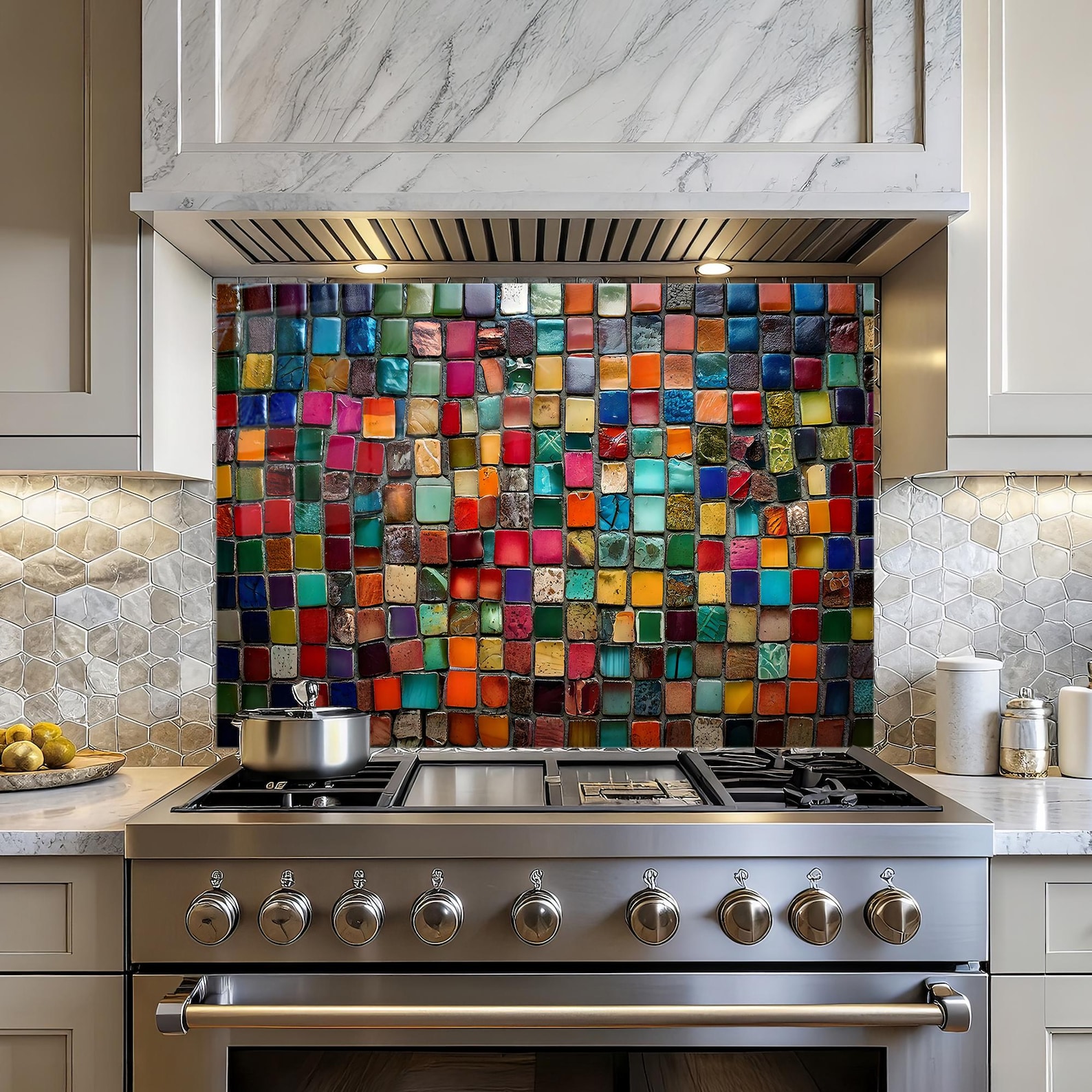 Rainbow Stones Tempered Glass Kitchen Backsplash: Mosaic Effect ...