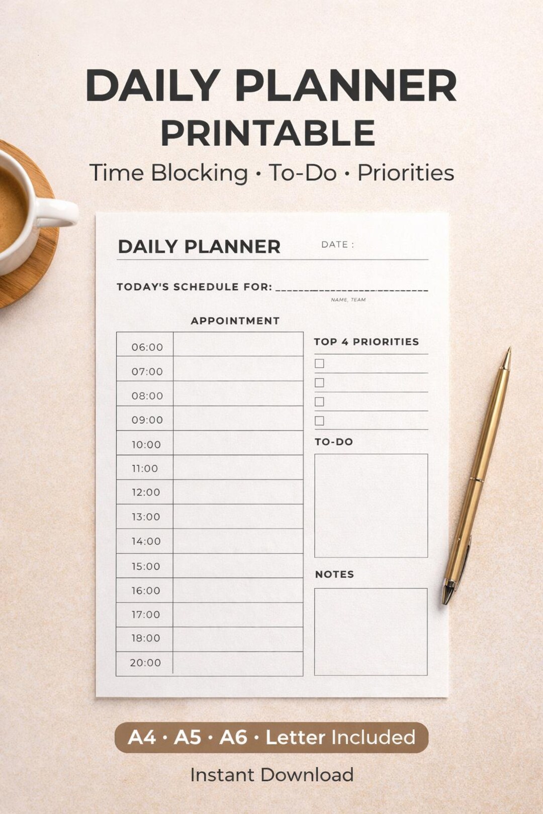 Daily Planner Printable | Time Blocking, To-do List & Priorities | A4 ...
