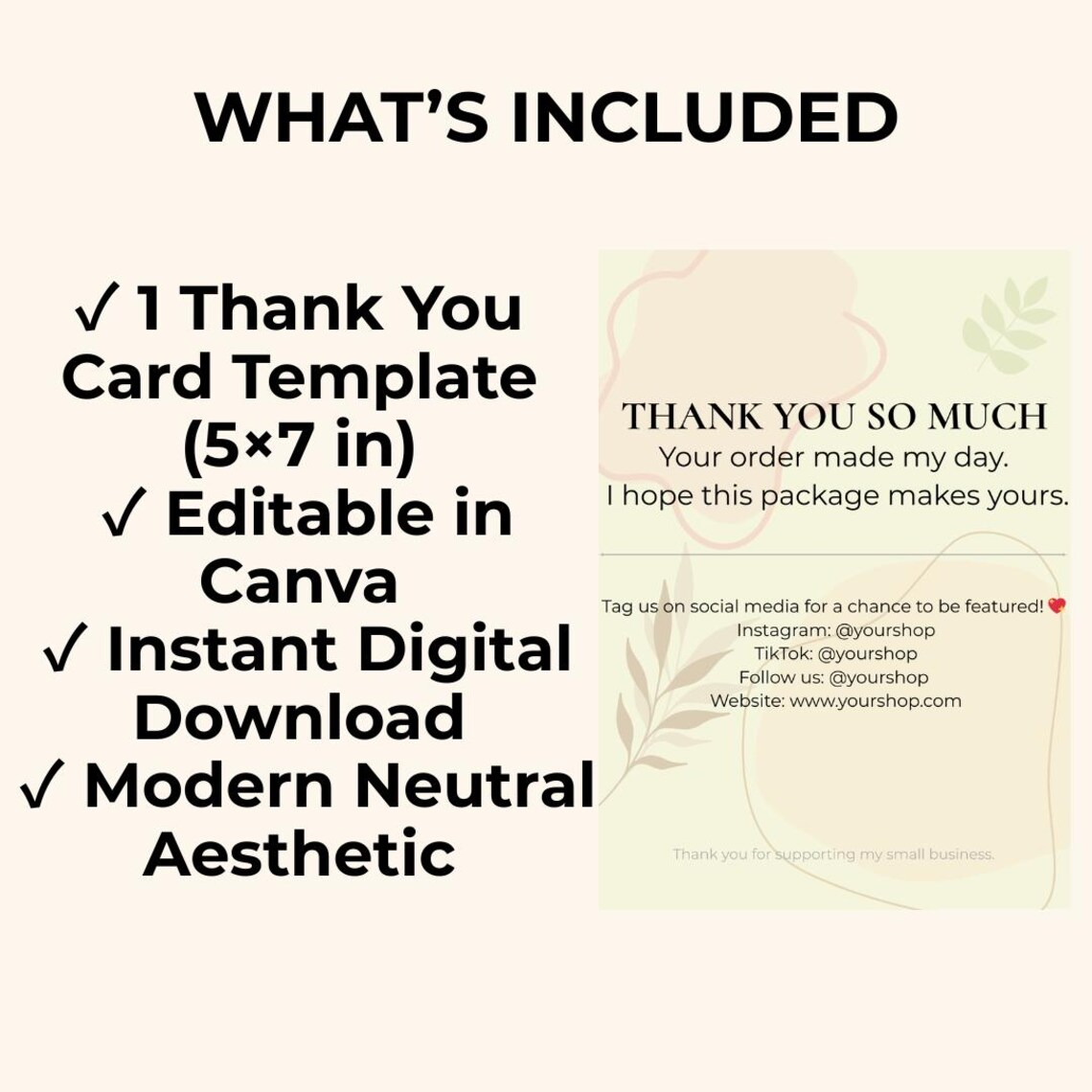 Editable Thank You Card Template Small Business | Neutral Canva Insert ...