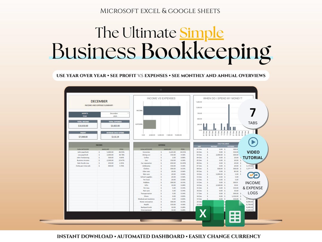 Easy Bookkeeping Template, Small Business Money Management Income and ...