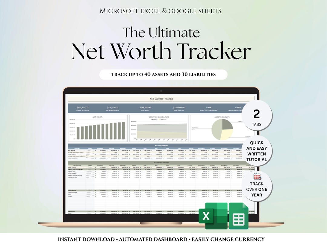 Net Worth Tracker Spreadsheet for Excel and Google Sheets, Net Worth ...