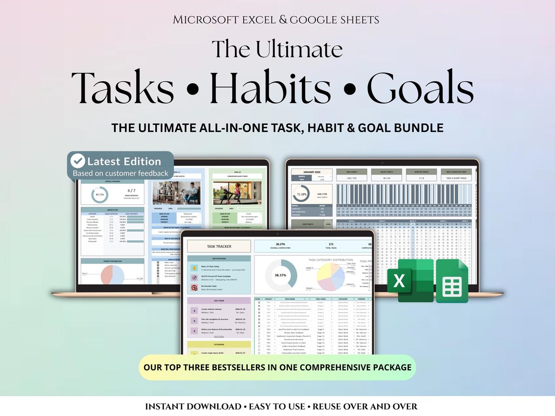 Task Goal Habit Tracker Spreadsheet Excel Google Sheets Spreadsheet ...