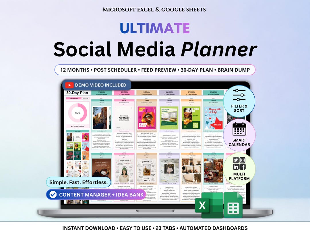 Social Media Content Planner Spreadsheet Social Media Calendar Multi ...