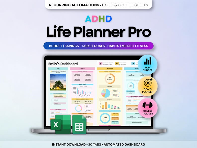 ADHD Life Planner Spreadsheet Excel Google Sheets Budget Tracker ...