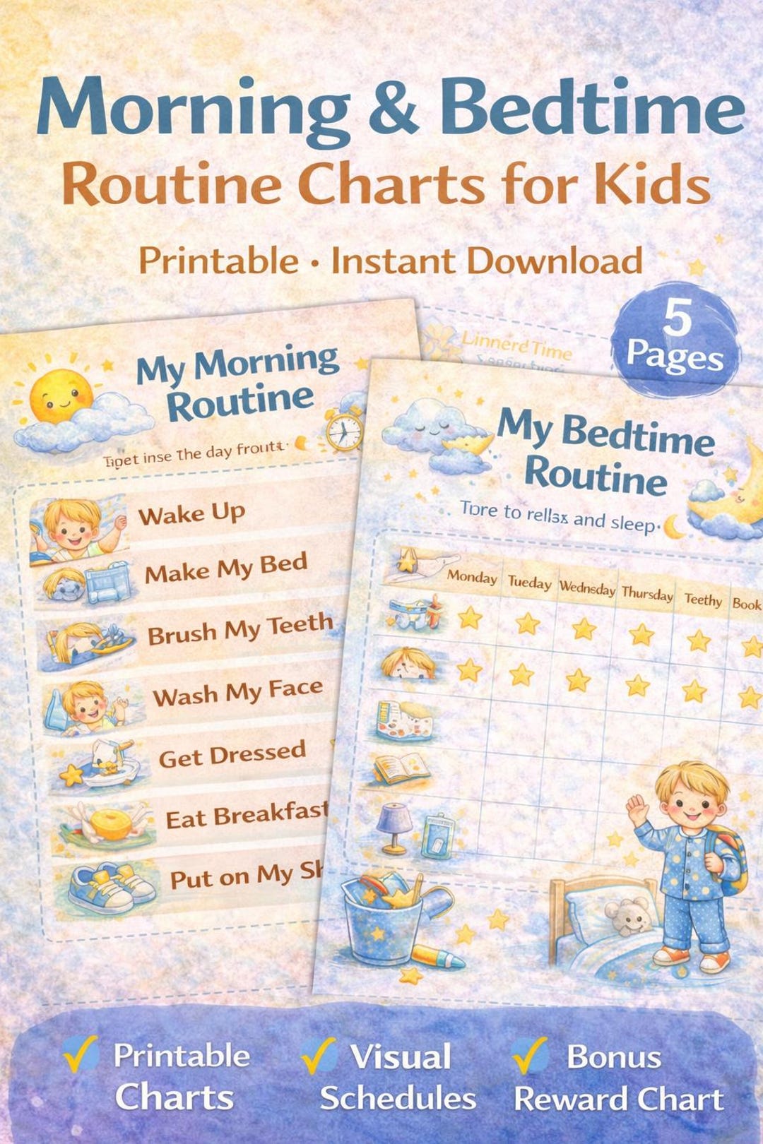 Morning & Bedtime Routine Chart for Kids Printable | Daily Routine ...