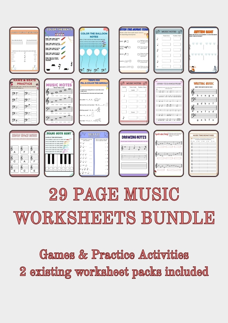 Music Theory Worksheets for Kids Bundle of 2 Packs 29 Pages Instant ...