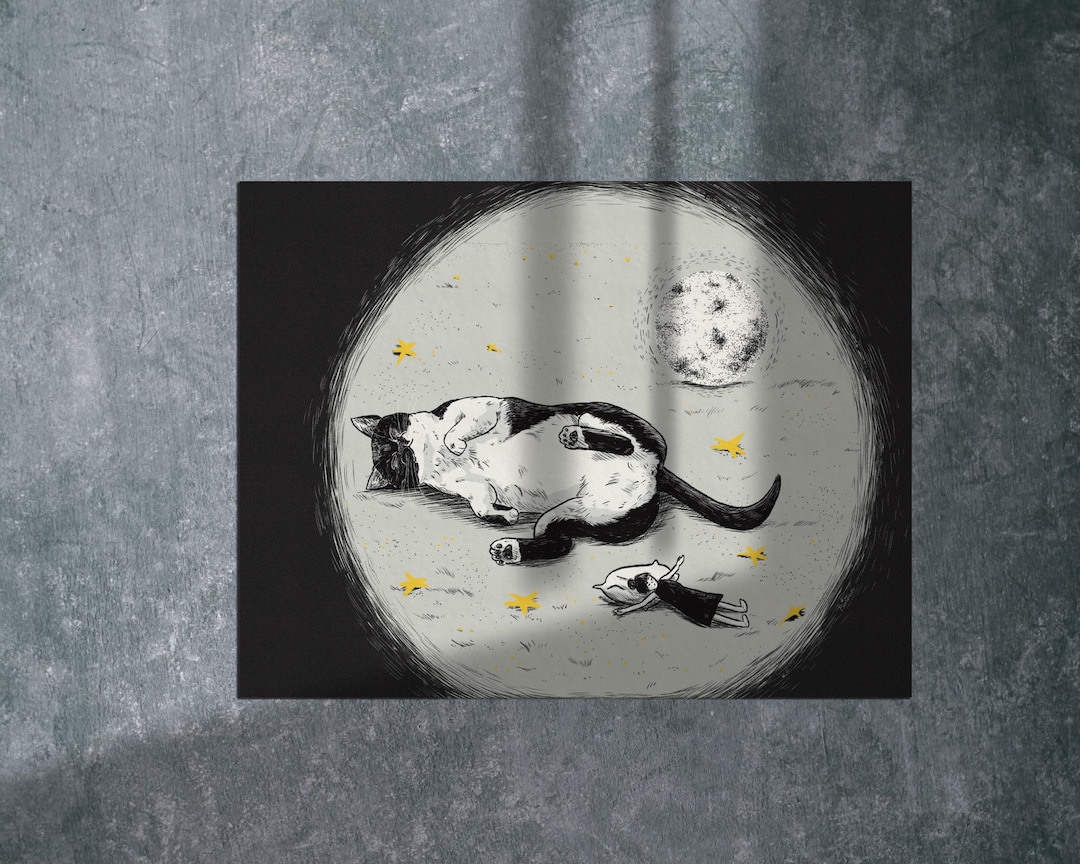 Celestial Cat Printable Postcard | Sleeping Cat & Girl Mini Art | Cozy Night Illustration ...