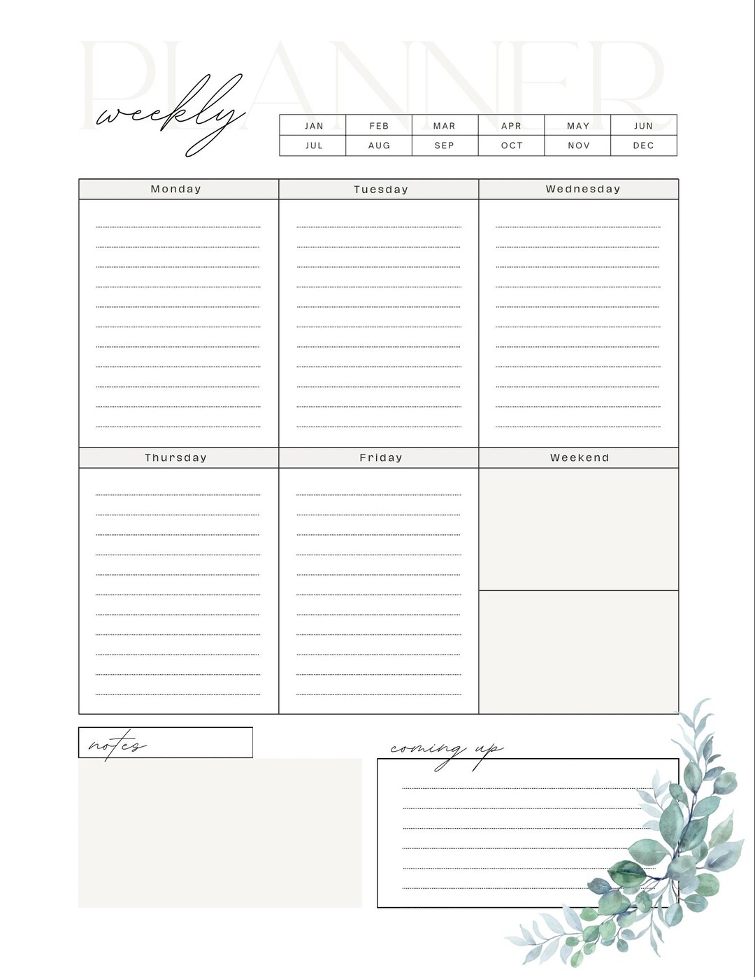 Minimal Weekly Planner Printable | Eucalyptus Design (PDF) - Etsy