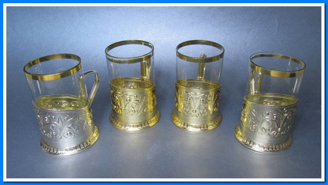 Russian Podstakannik Tea Glass Cup Holders Set 4 USSR 1960 Vintagetea ...