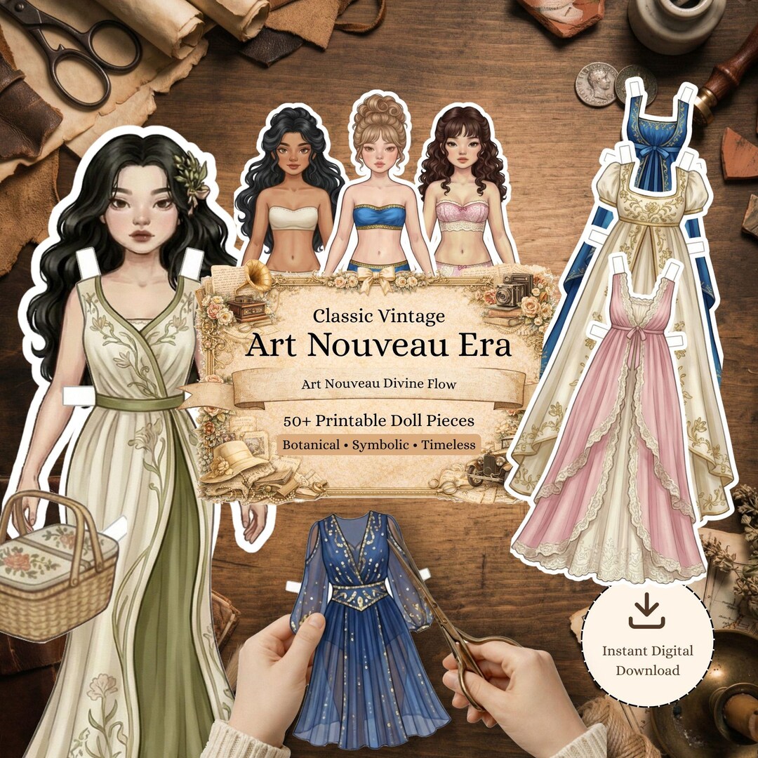 BJD Style Art Nouveau Paper Doll Printable Kit, Gothic Witch & Floral ...