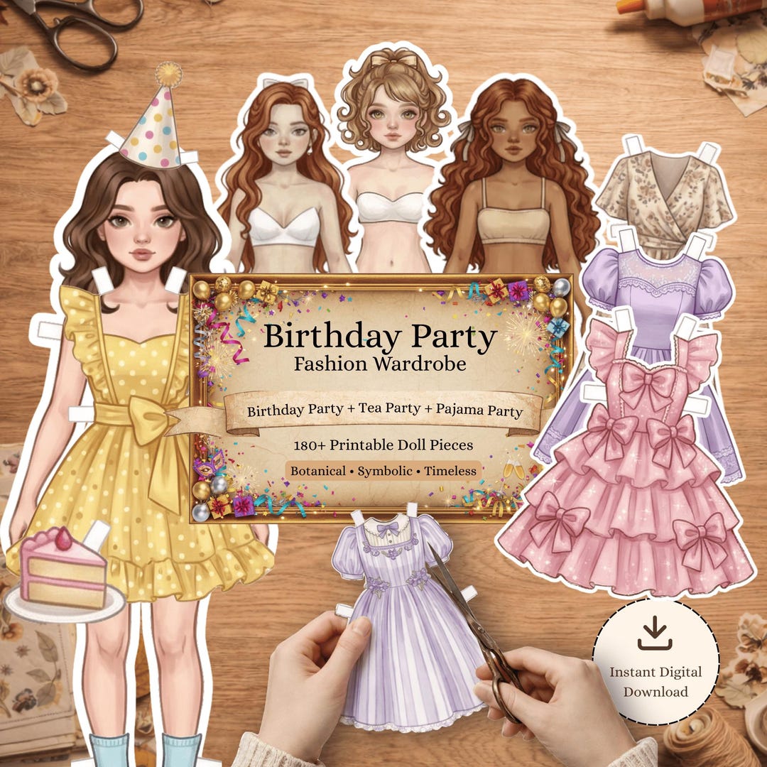 Printable Paper Doll Kit BJD Style, Dress up Doll Birthday Party ...