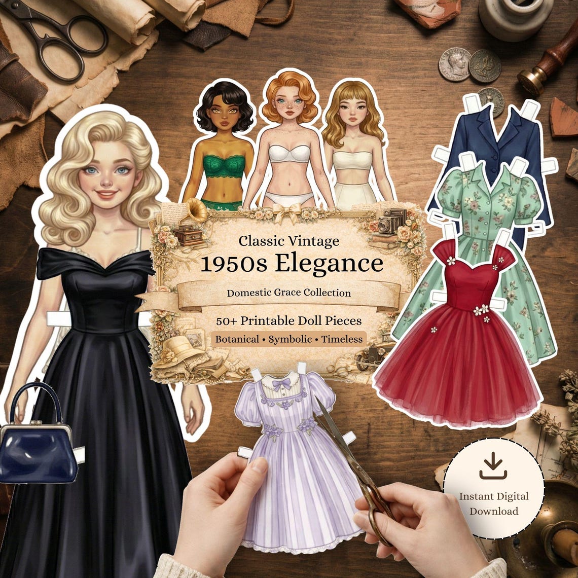 BJD Style Paper Doll Printable, 1950s Vintage Dress up Doll, Gothic ...