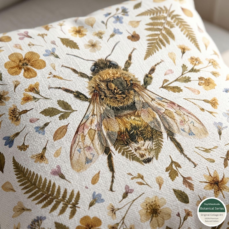 Bumblebee Custom Pressed Flower Cushion Cover, Vintage Botanical Bee ...
