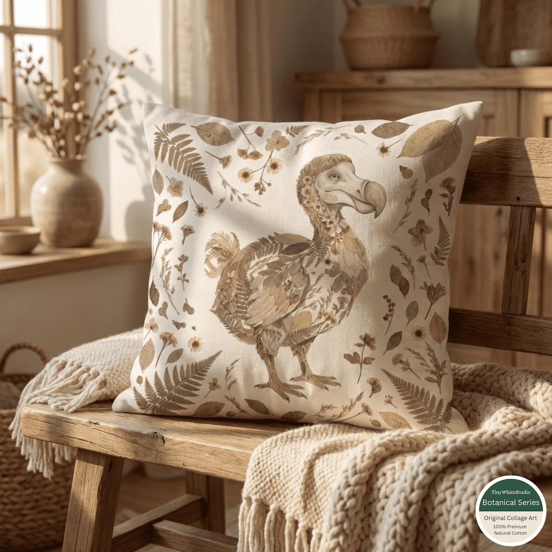 Dodo Bird Pressed Flower Cushion Cover, Botanical Collage Bird Pillow ...