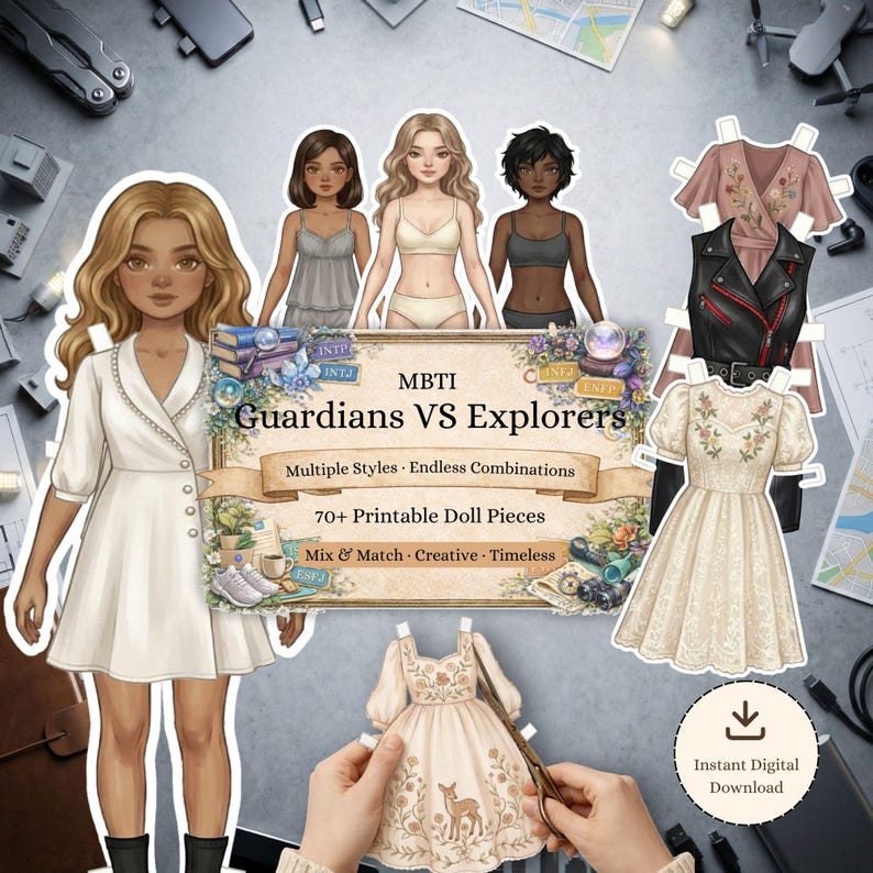 MBTI Paper Doll Printable Kit, Guardians Vs Explorers Dress up Dolls ...