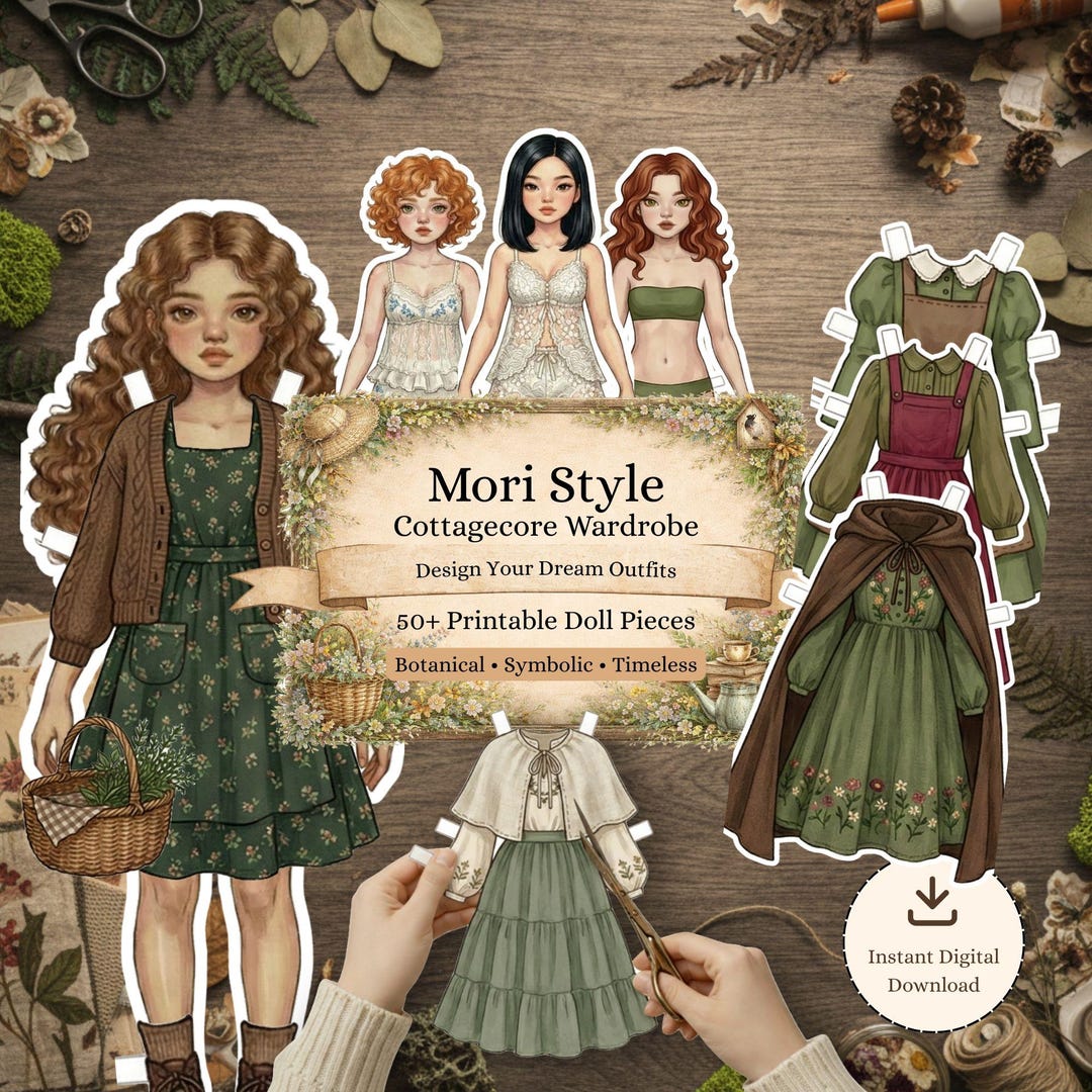 Cottagecore Paper Doll Printable, BJD Style Dress up Doll, Digital ...