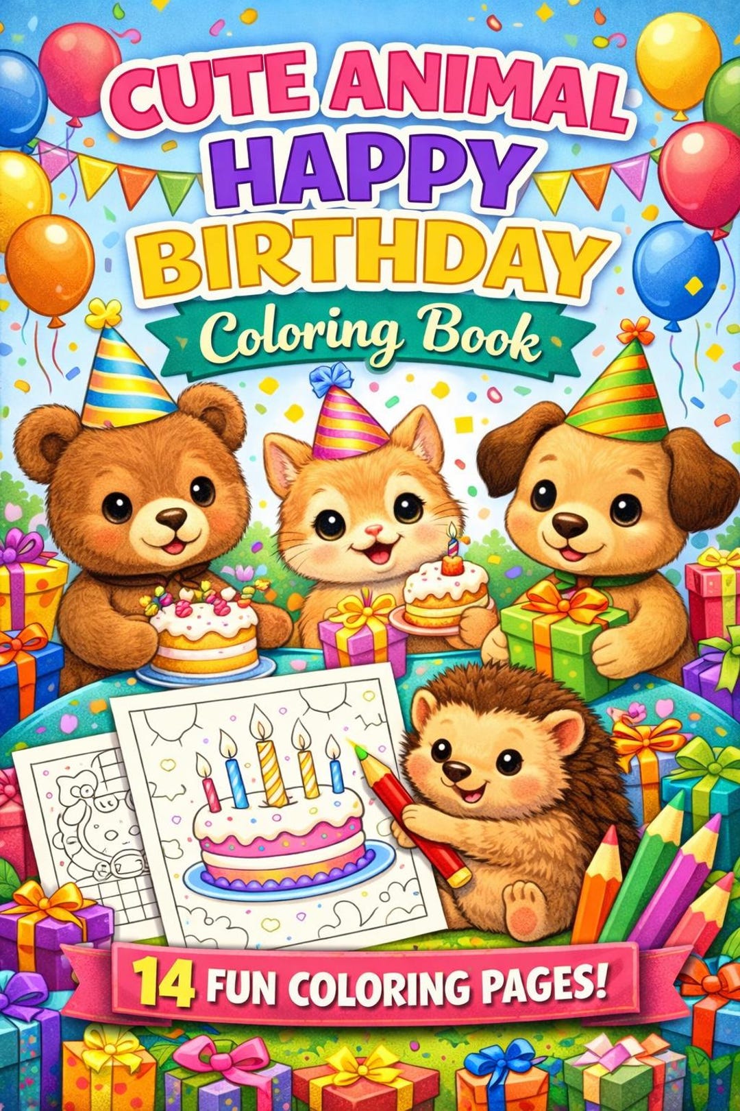 Birthday Coloring Pages for Kids | Cute Animal Birthday Party Coloring ...