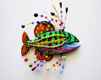 Wood Fish Art, Colorful Wall Decor, Beach House, Whimsical Art Object ...