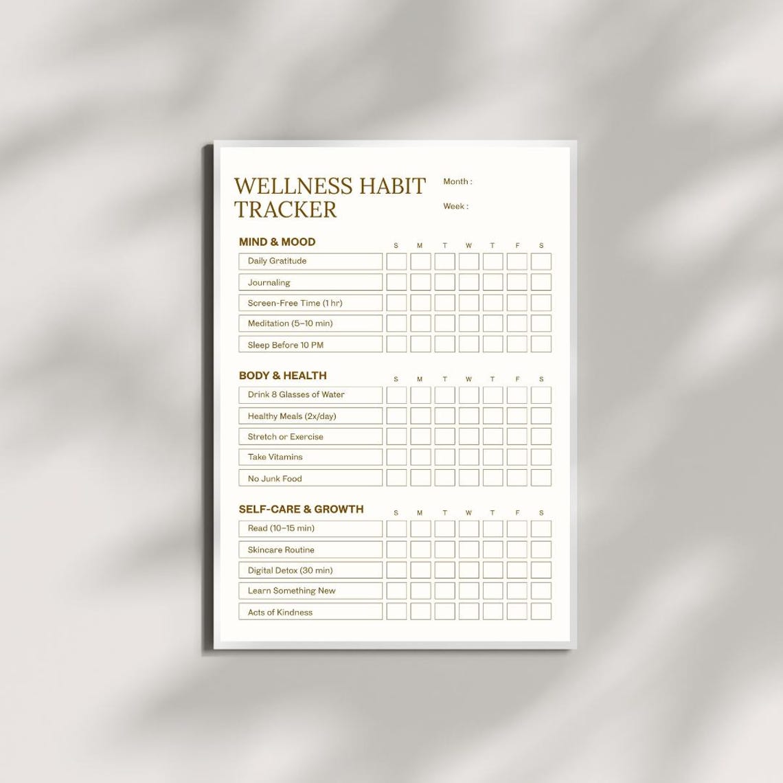 Habit Wellness Tracker Printable | Daily Self Care Routine Chart ...