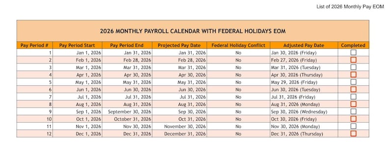 2026 Payroll Calendar Template, Weekly, Bi-weekly, Semi-monthly, and ...