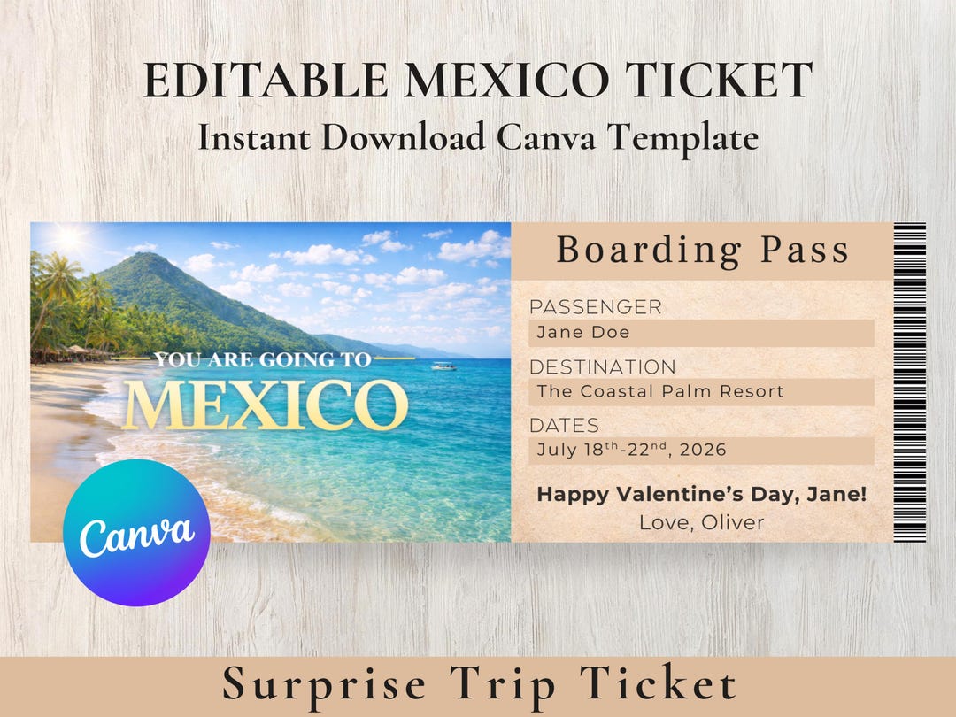 Mexico Trip Ticket | Editable Canva Template, Vacation Reveal (instant ...