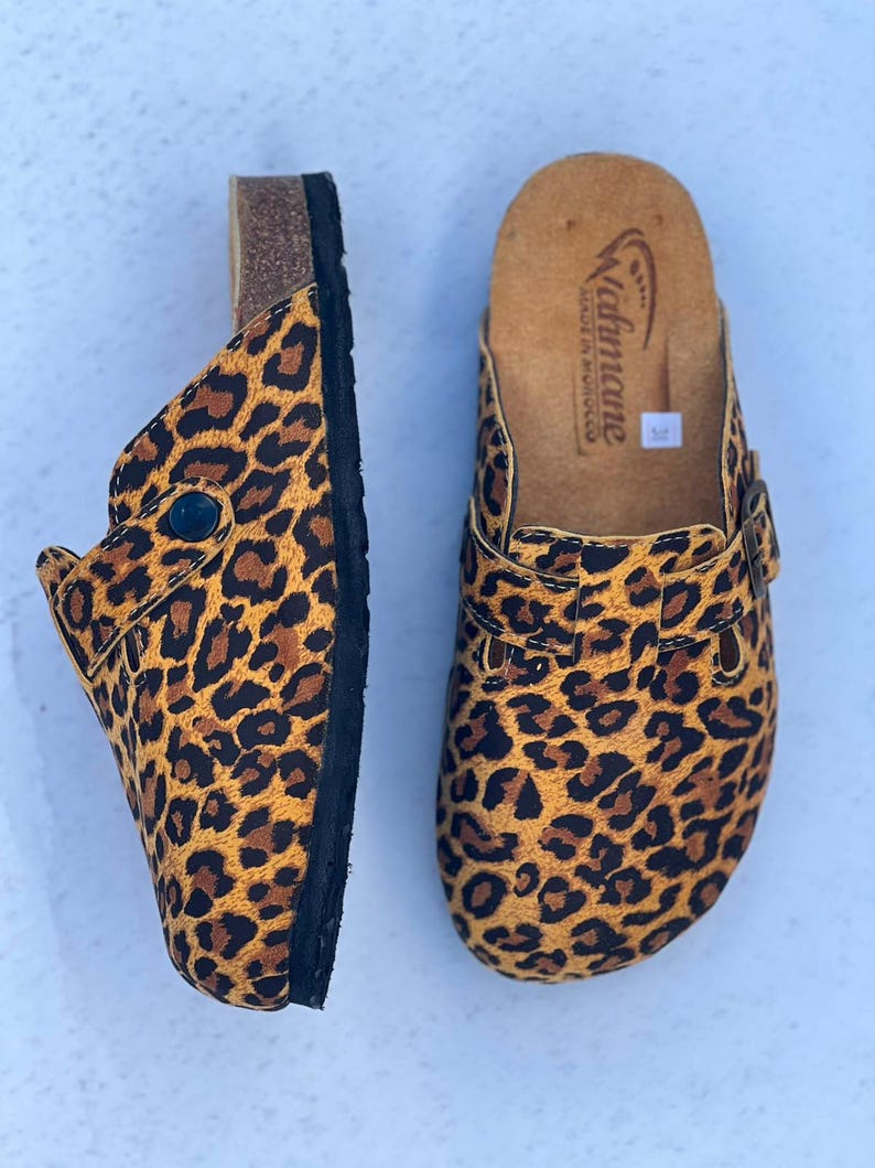 Handmade Leopard Print Leather Clogs, Unisex Genuine Leather Mule ...