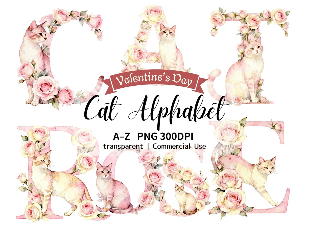 Cat and Rose Alphabet Clipart Set – Elegant Watercolor Pink Floral ...