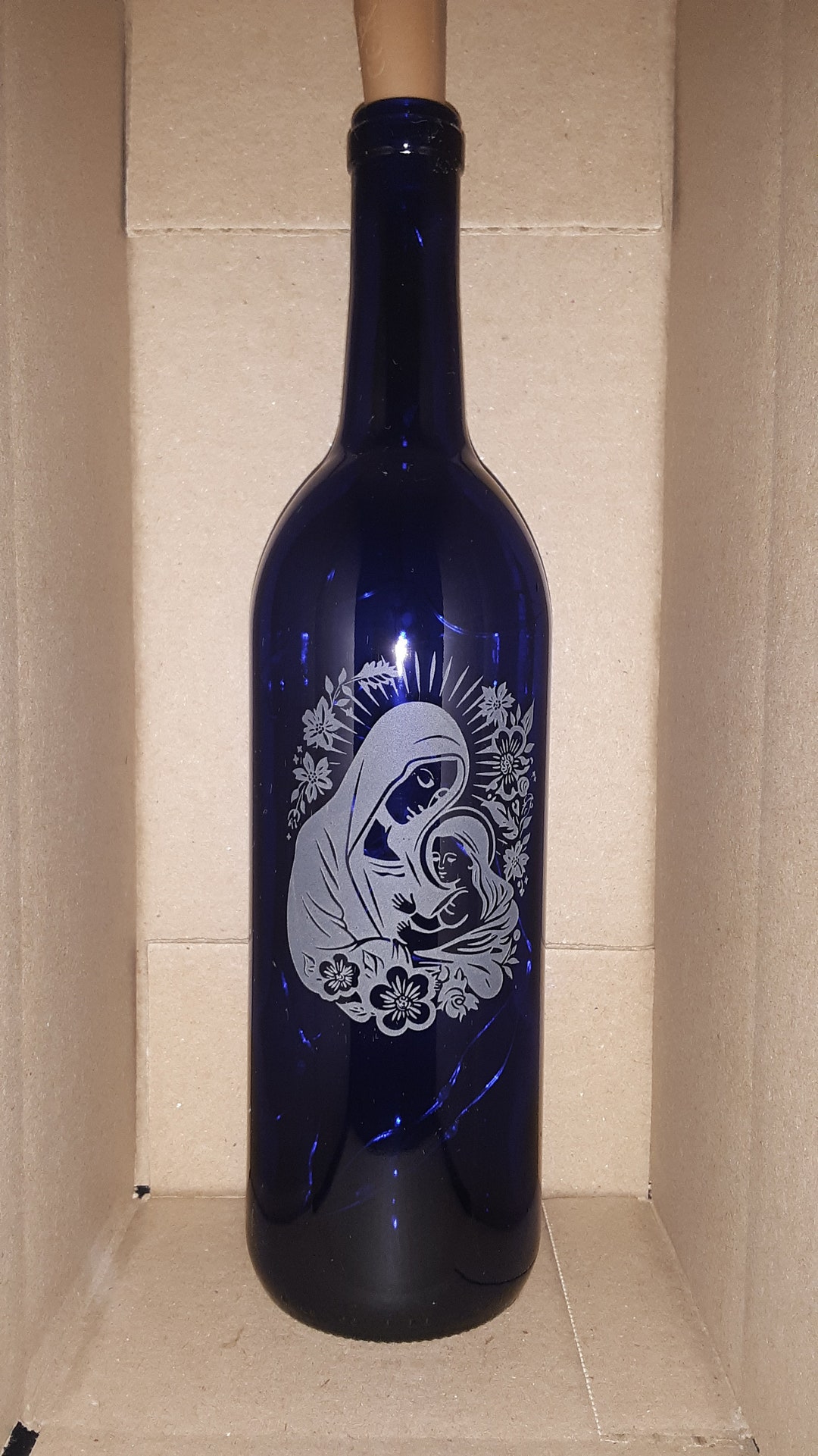 Blessed Mother and Baby Jesus Engraved Wine Bottle With Lights ...