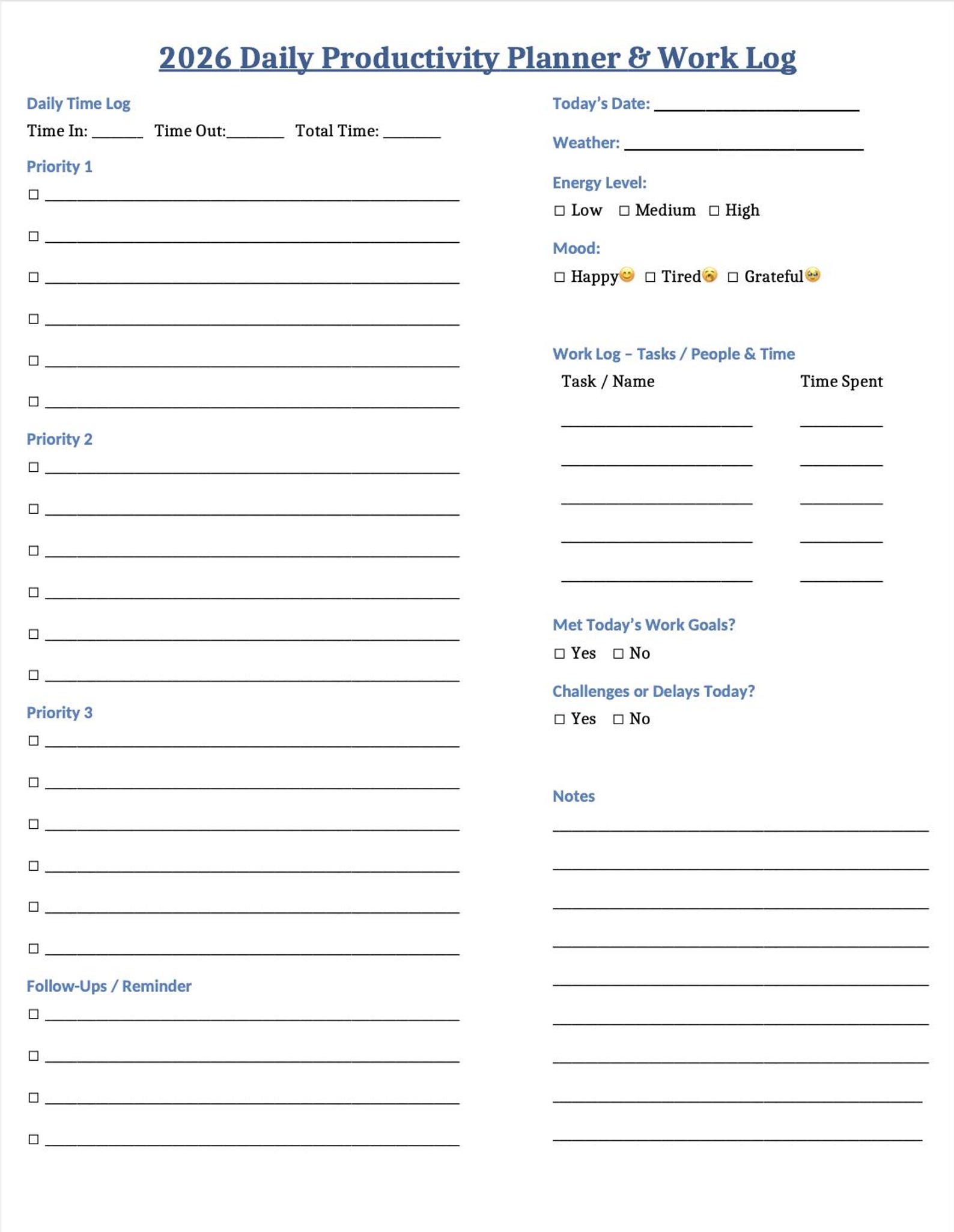 2026 Daily Productivity Planner & Work Log - Etsy