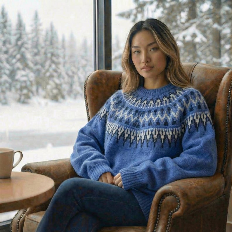 Oversized Nordic Two-tone Knit Sweater, Cozy Polyester Pullover ...