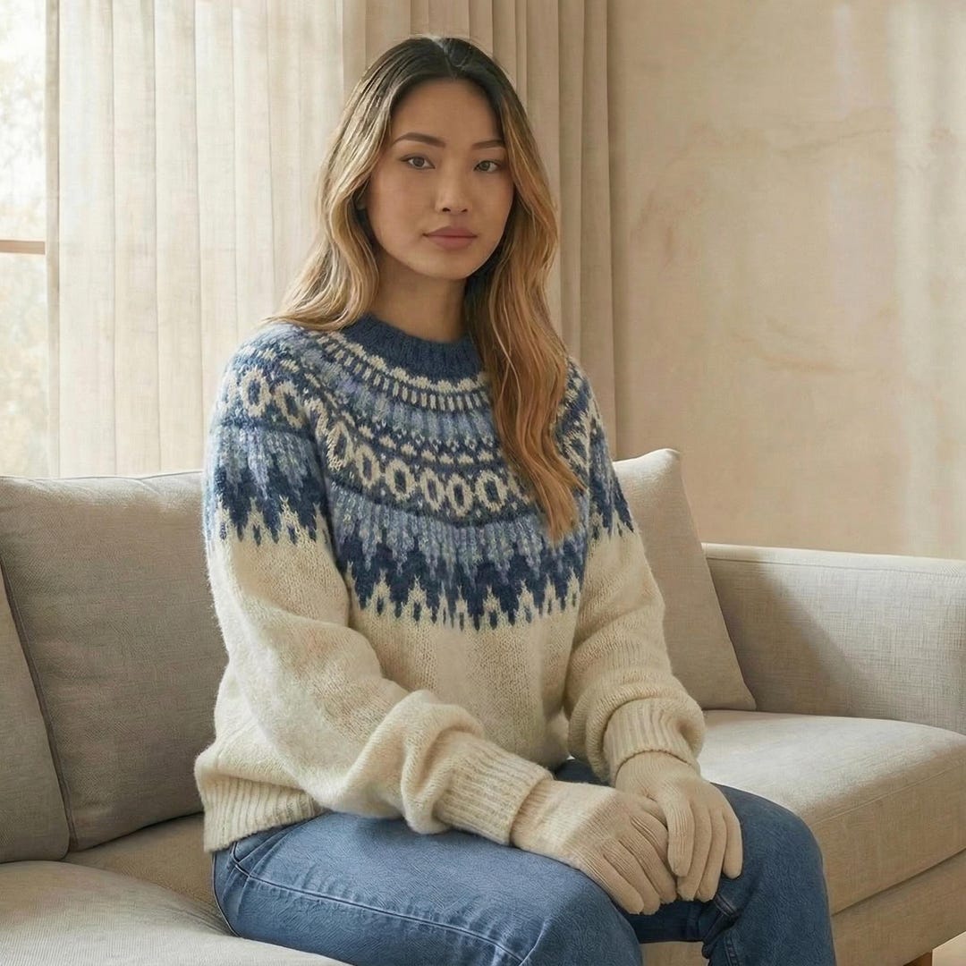 Oversized Nordic Two-tone Knit Sweater, Cozy Polyester Pullover ...