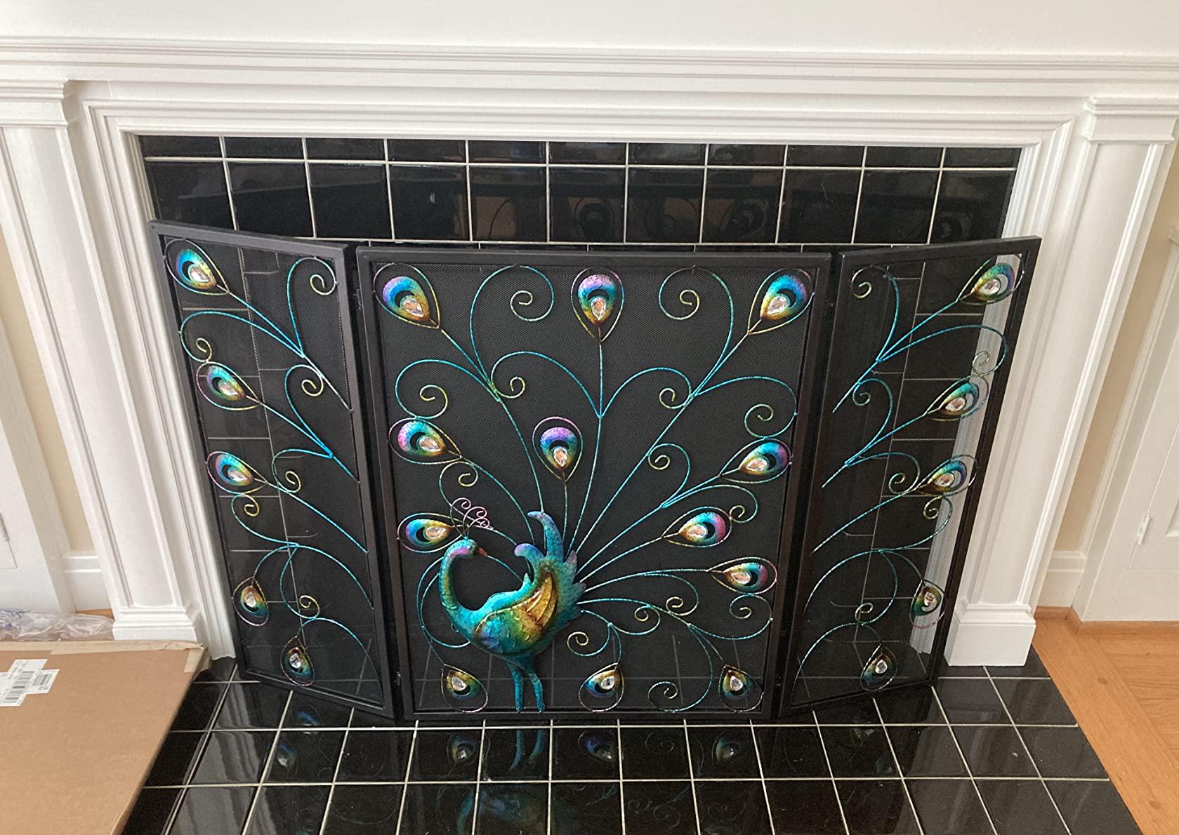 Metal Peacock Fireplace Screen, Rainbow 3-panel With Crystal Accents ...