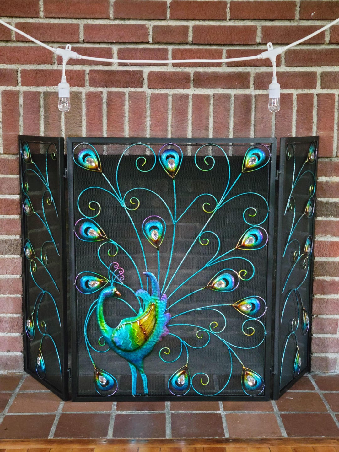 Metal Peacock Fireplace Screen, Rainbow 3-panel With Crystal Accents ...