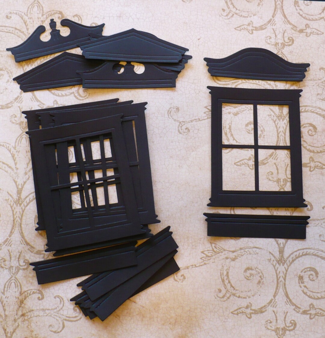 6 Black Die Cut Shapes 4 Pane Window Frame Plus Pediment Toppers and ...