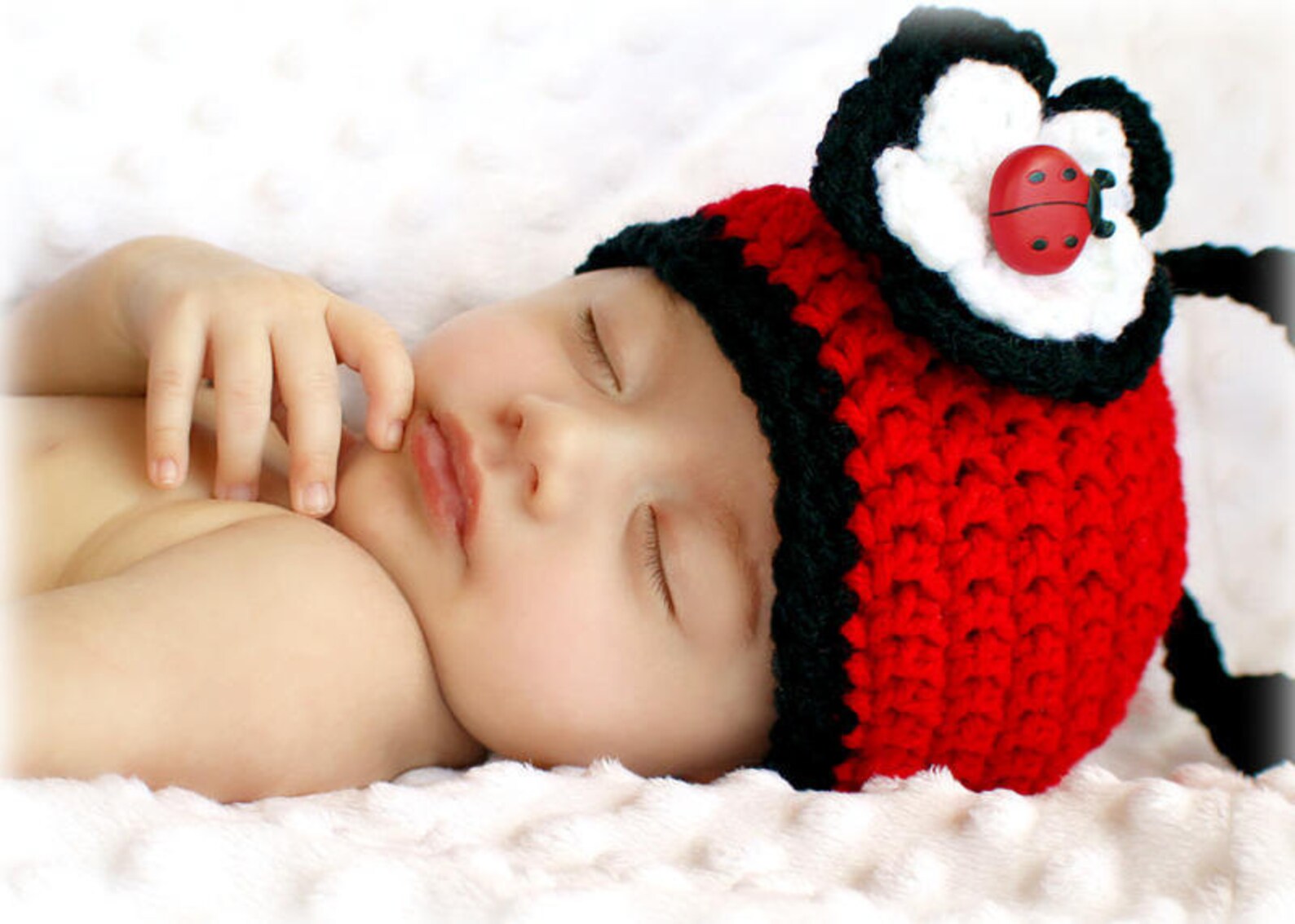 Adorable Baby Hat Lady Bug Hat With Black & White Flower - Etsy