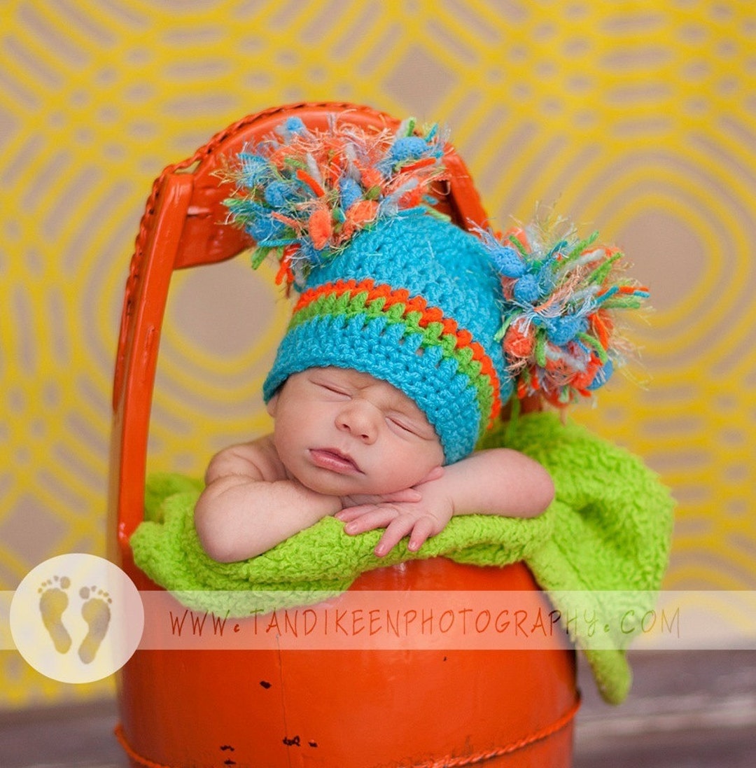 Baby Boy Hat - Baby Hat - Turquoise, Orange and Lime With Big Pom Poms ...