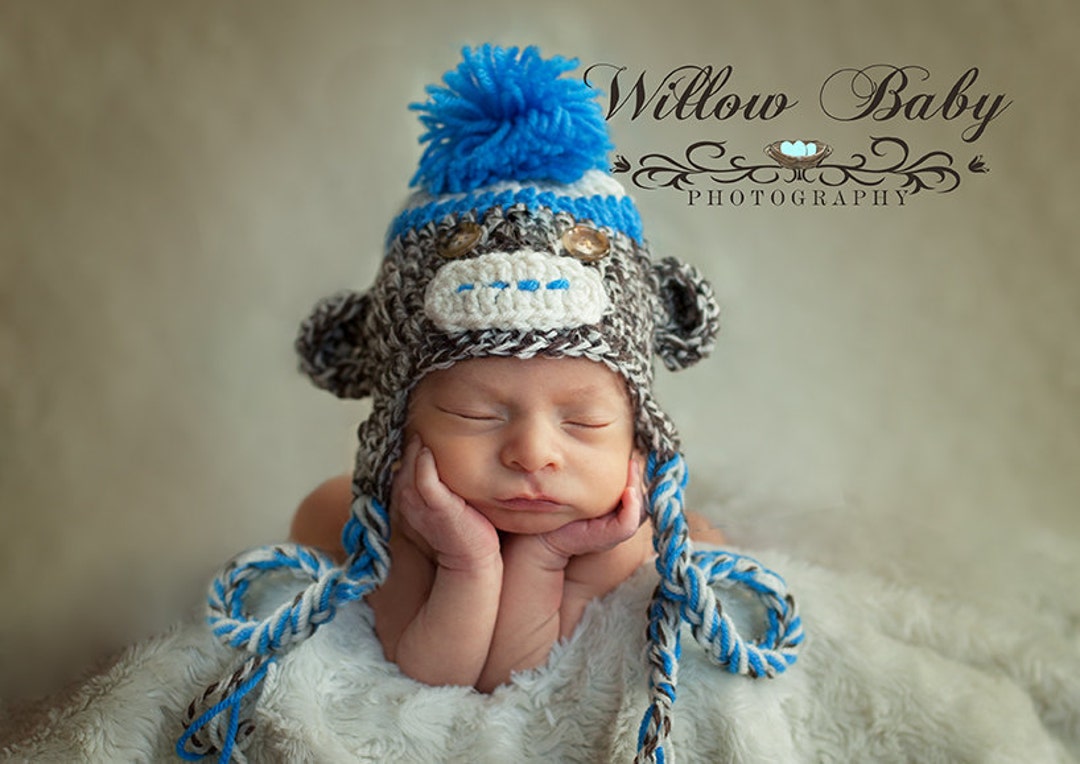 Baby Boy Hat - Baby Monkey Hat With Earflaps & Ties and Pom Pom- Great ...