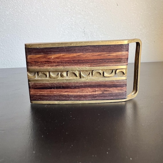 1970s Modern Wood Inlay Belt Buckle by Moonscape - Gem