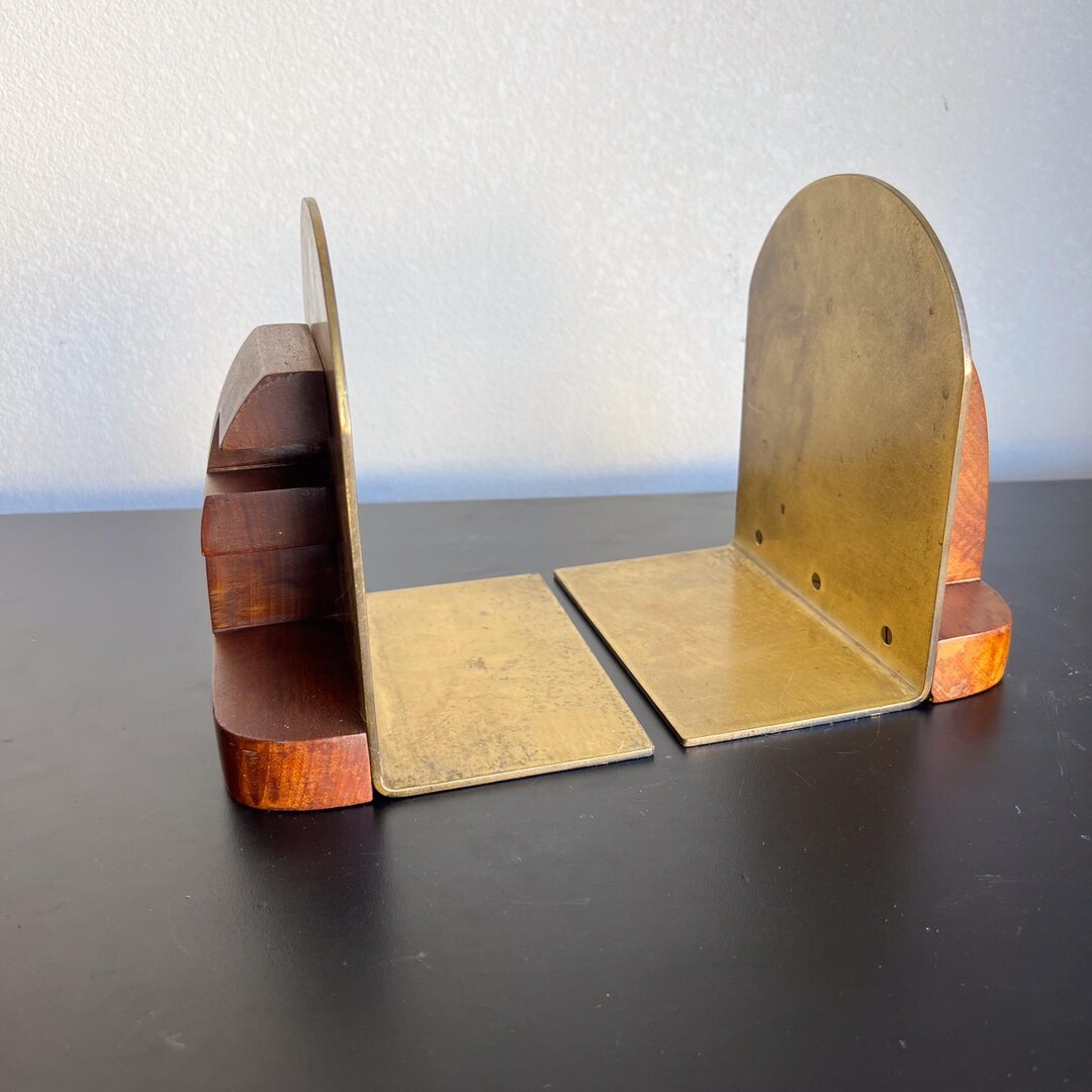 Midcentury Sculptural Bookends Brass and Wood - Etsy