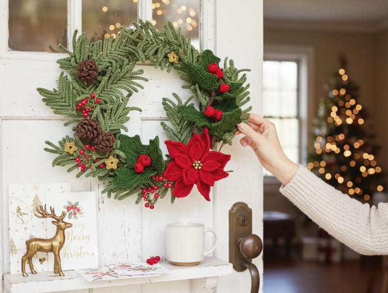 Winter Christmas Wreath Set: Pine, Poinsettia, Holly, Stars and Beaded ...