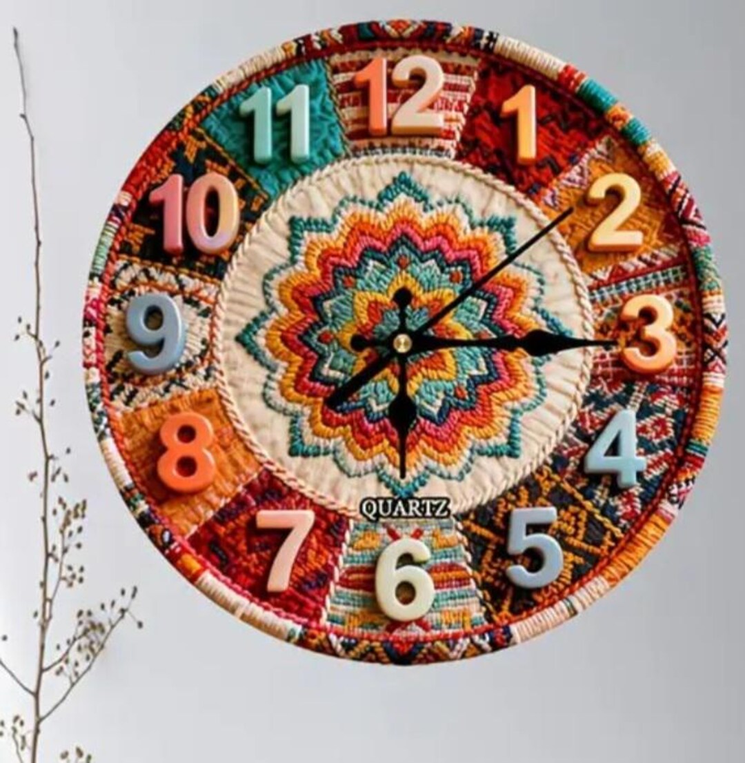 Handmade Colorful Embroidered Wall Clock – Boho Patchwork Decor, Unique ...