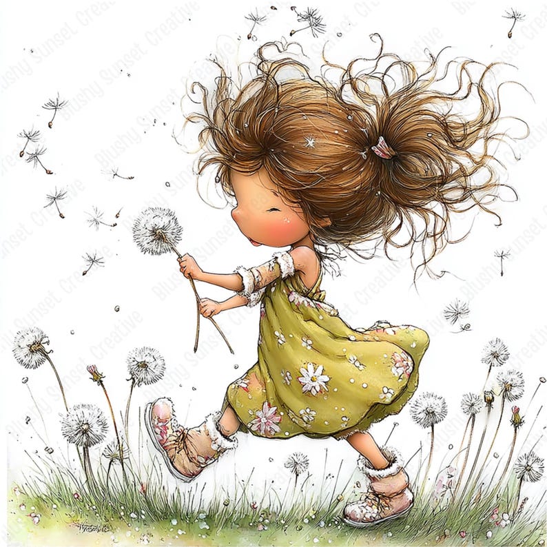 20 JPG Whimsical Spring Girl Clipart With Dandelion Young Girl Clip Art ...