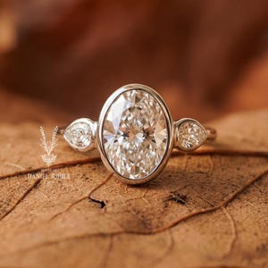 3ct Oval Lab Diamond Ring, 3-stone Bezel Setting, 14k White Gold Low ...